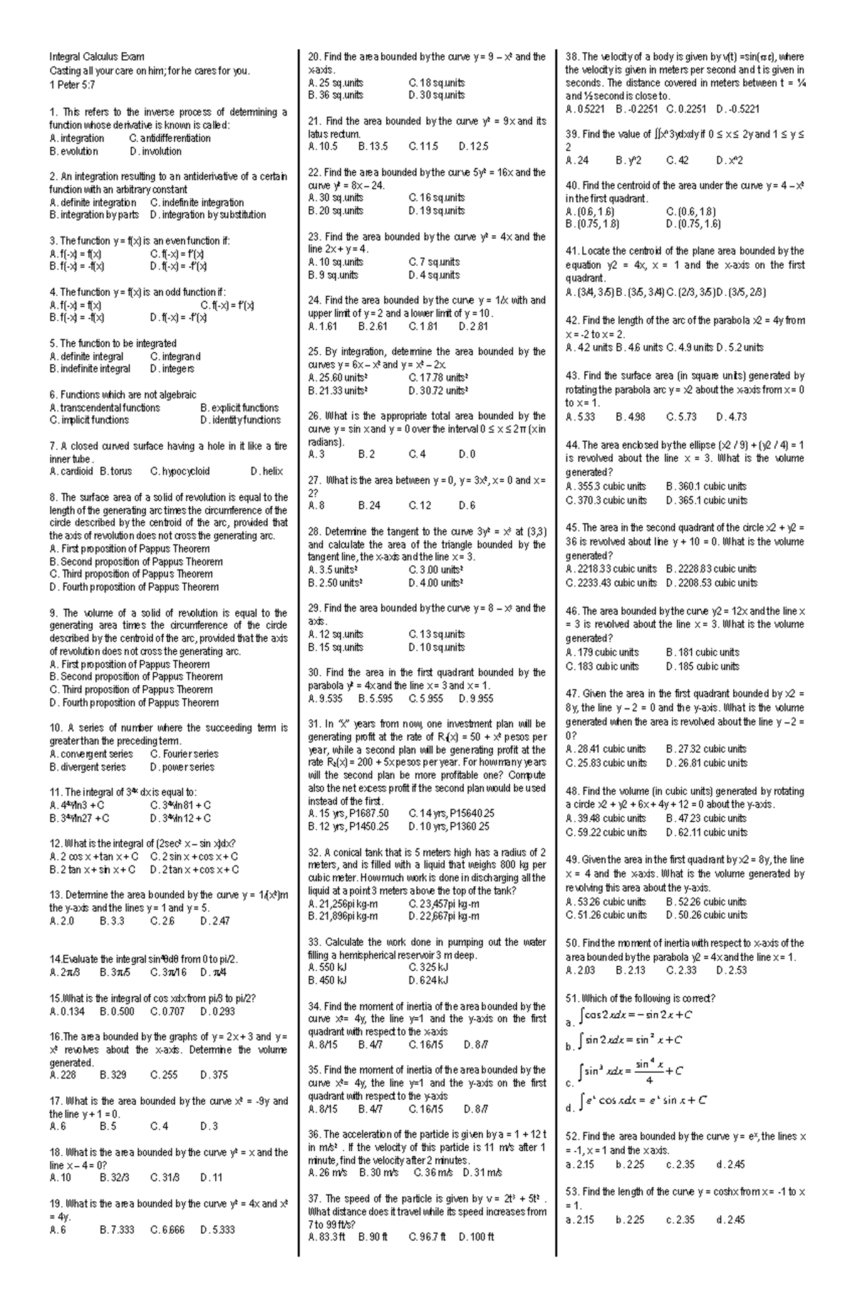 Integral Calculus Exam: Area and Integration Problems - Studocu