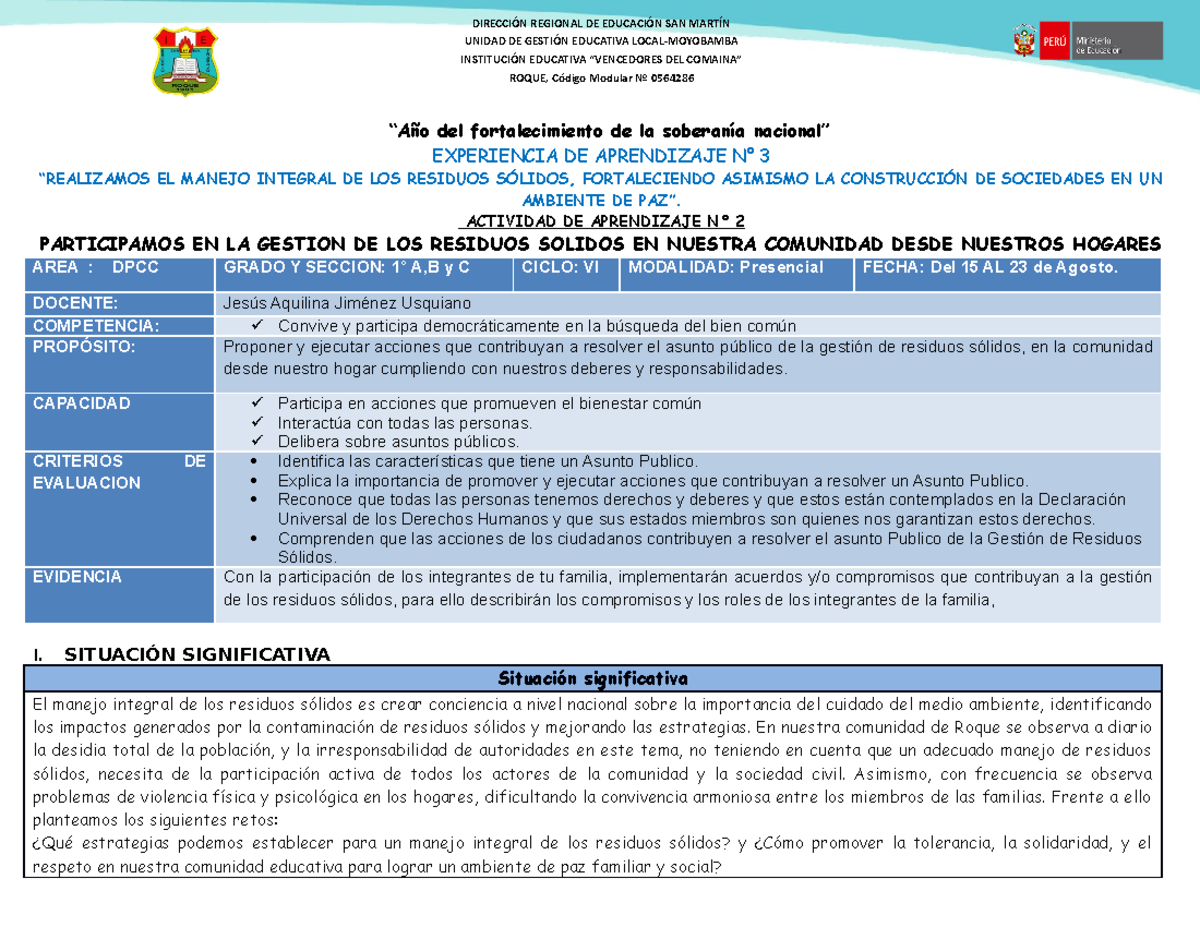 Actividad DE Aprendizaje N° 2 - EXP. Aprend. N° 3 - DPCC 1° A, B y C - “Año del fortalecimiento ...