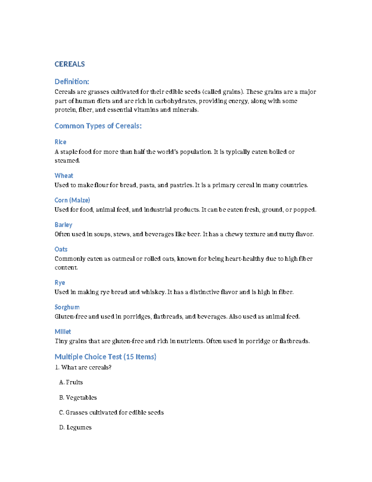CEREALS Lesson and Quiz: Understanding Grains and Their Uses - Studocu