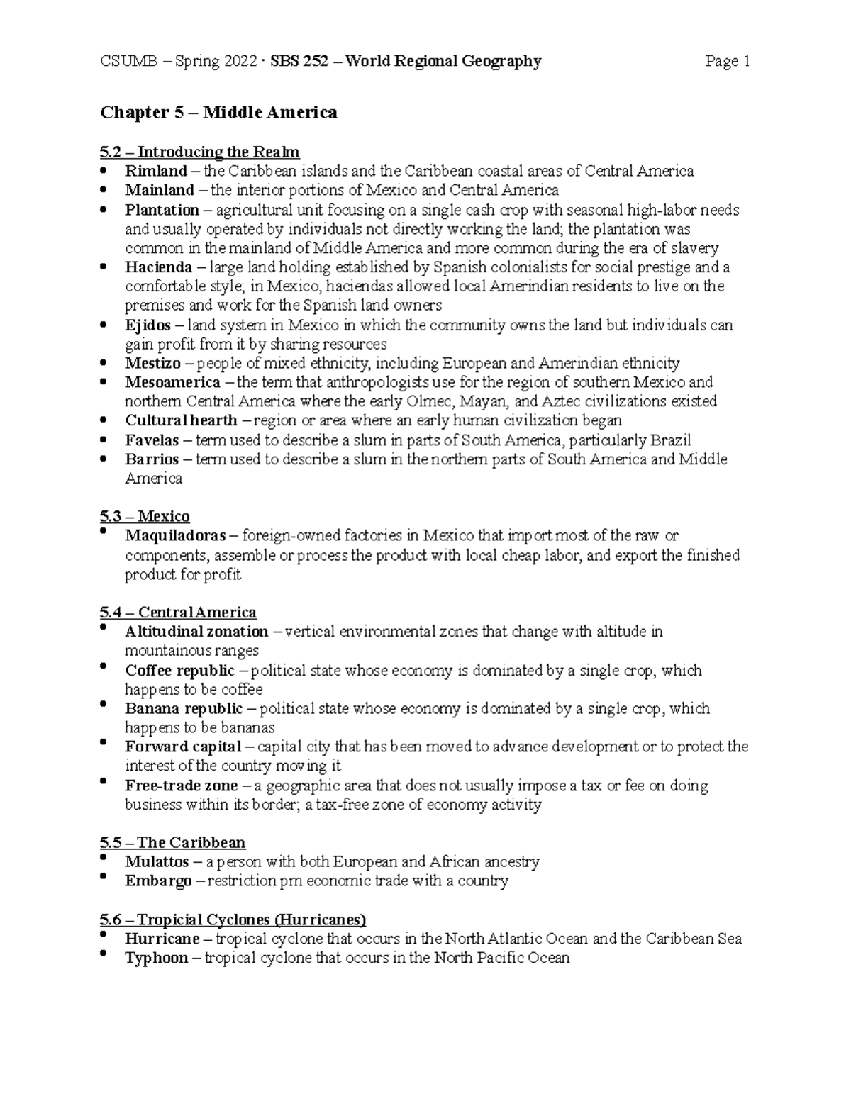 SBS 252 Final Exam Study Notes: Chapter 5 - Middle America Terms - Studocu