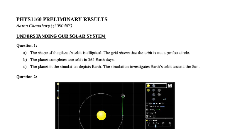 PHYS1160 Preliminary Results: Understanding Planetary Orbits - Studocu