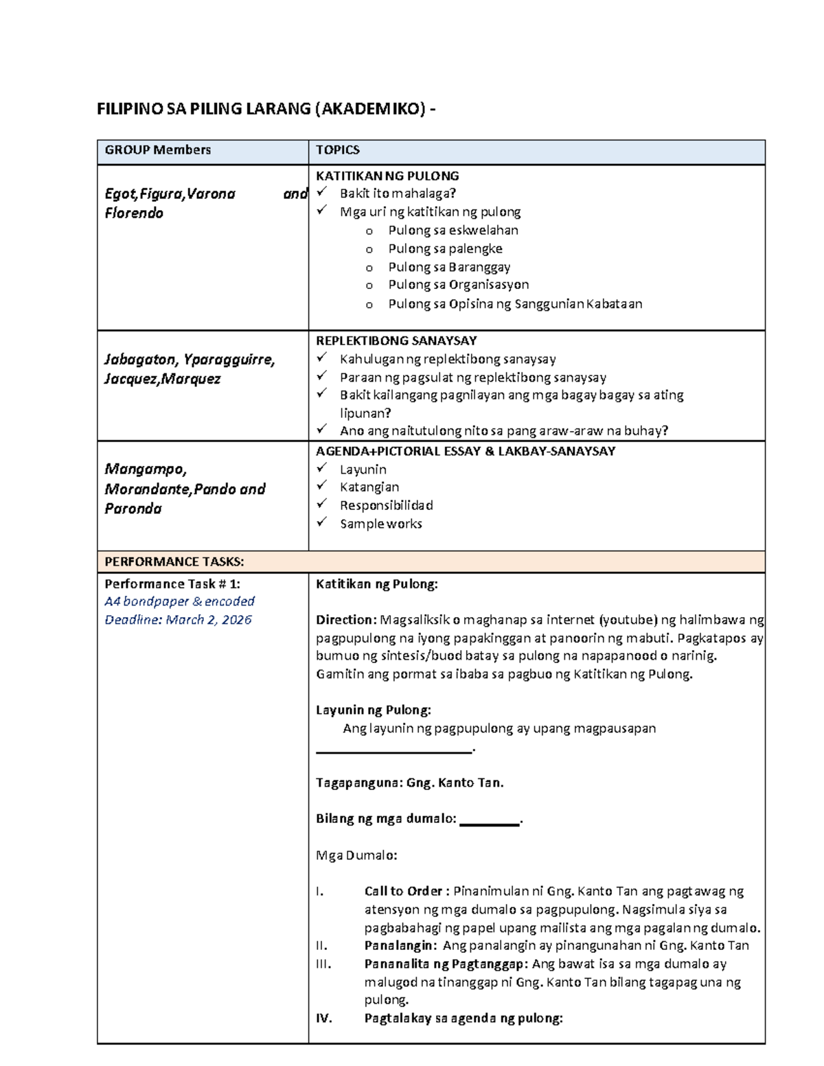 PILING LARANG (AKADEMIKO) REPORTING AT PERFORMANCE TASKS - Studocu