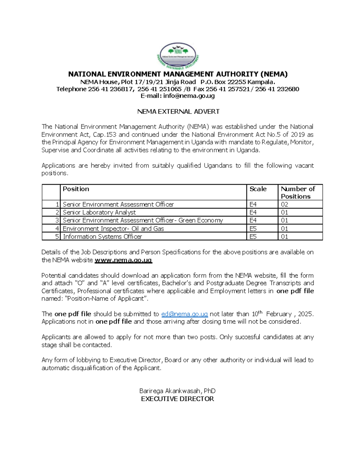 Job Opportunities with NEMA 1736744490 - NATIONAL ENVIRONMENT ...