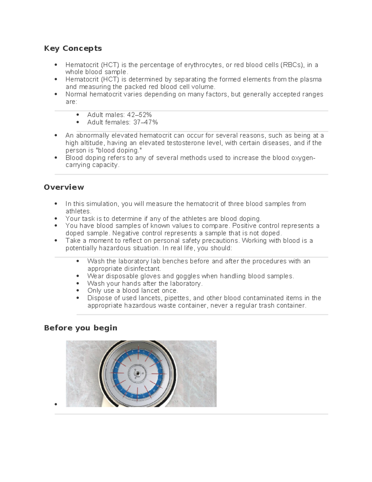 Blood hematocrit LAB Simulation - Key Concepts Hematocrit (HCT) is the ...