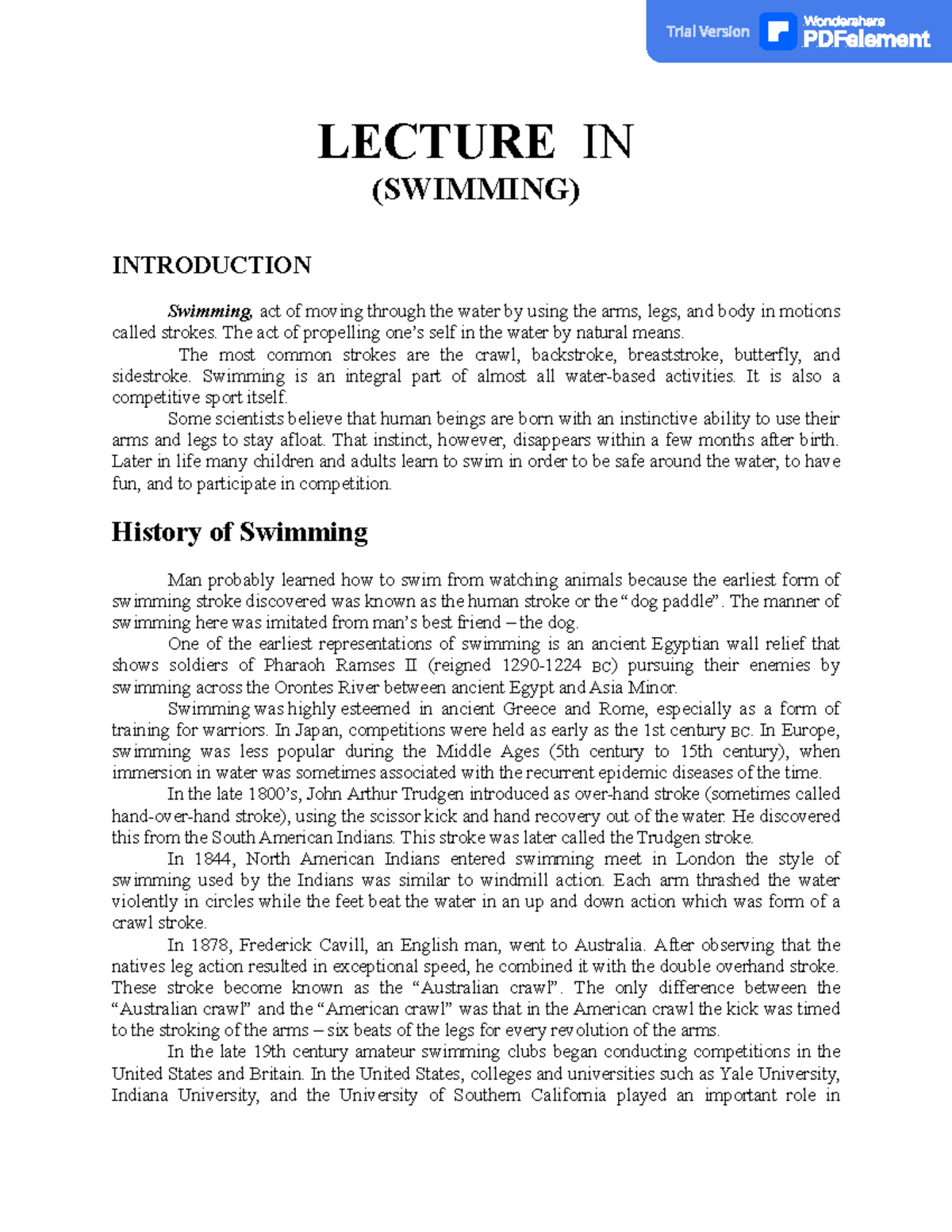 Lecture 1: Introduction to Swimming and Its Historical Context - Studocu