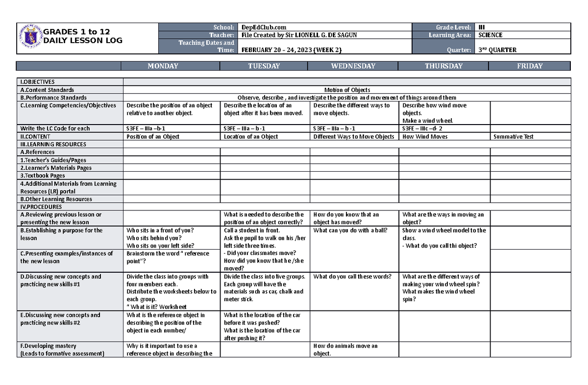 DLL Science 3 Q3 W2 - Lesson Plan on Motion and Object Position - Studocu