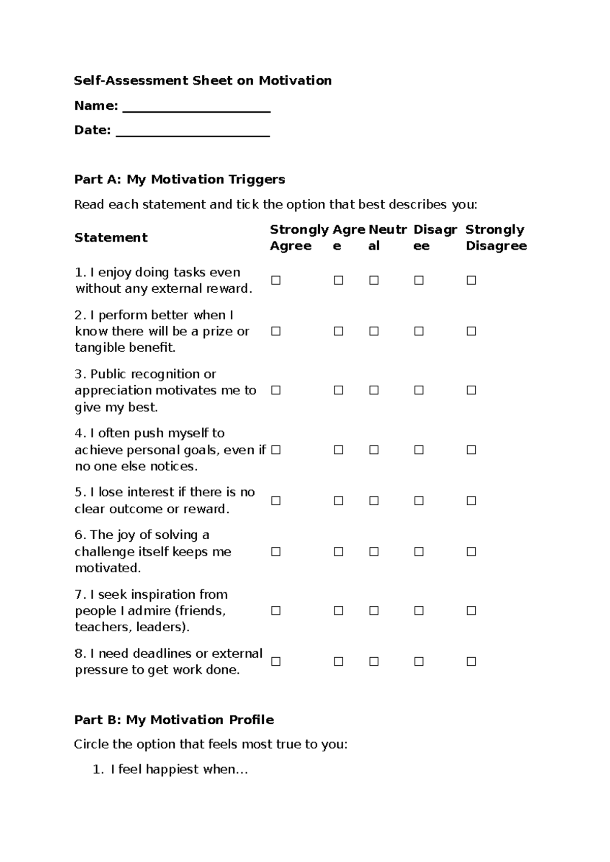 Motivation Worksheet: Understanding My Triggers and Profile - Studocu
