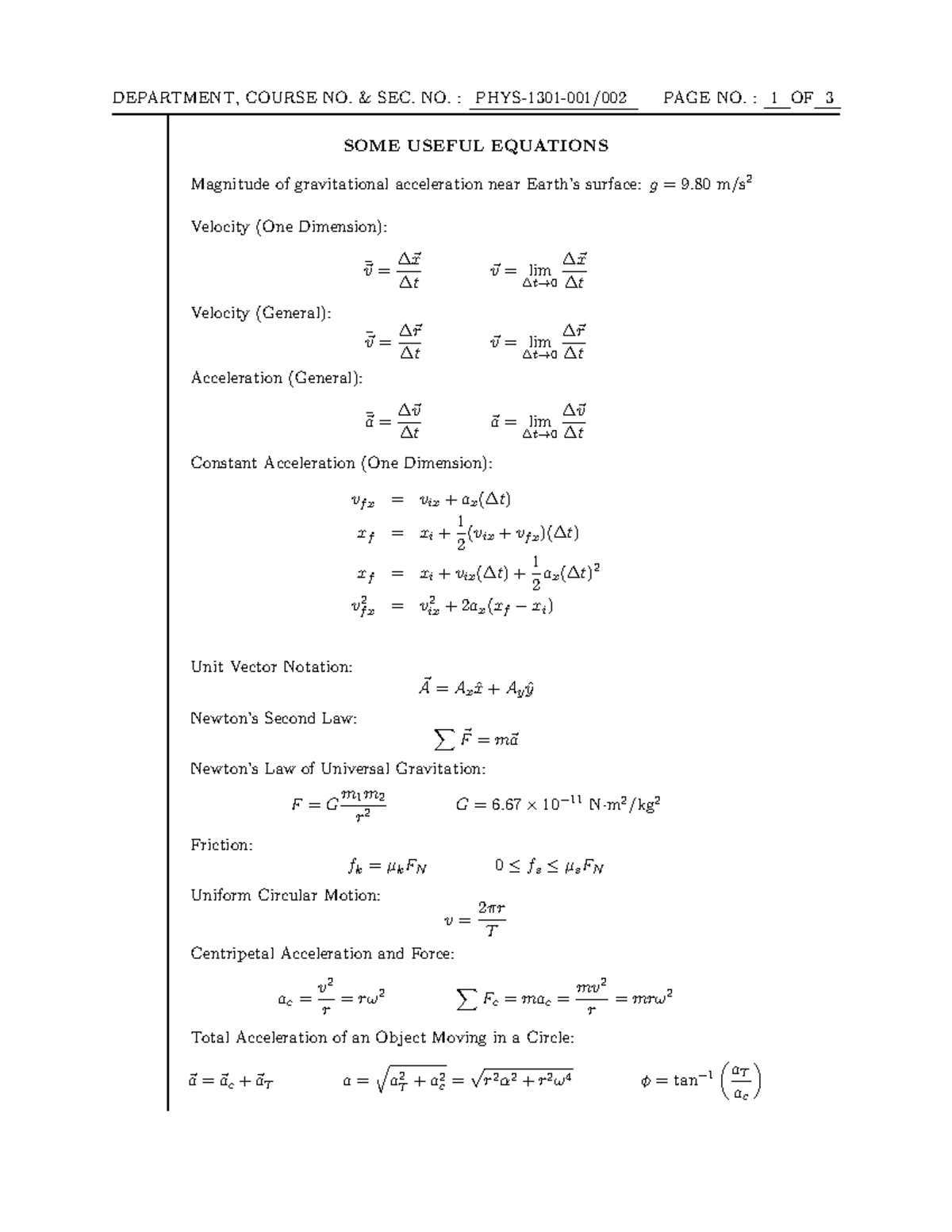 1301 Final 2025-26 Physics Formula Sheet - Studocu