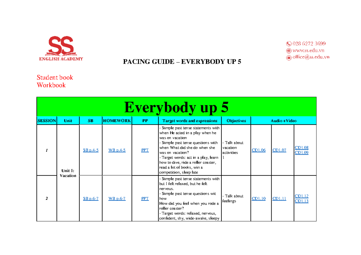 Everybody Up 5 (Students) - PACING GUIDE – EVERYBODY UP 5 Student book ...