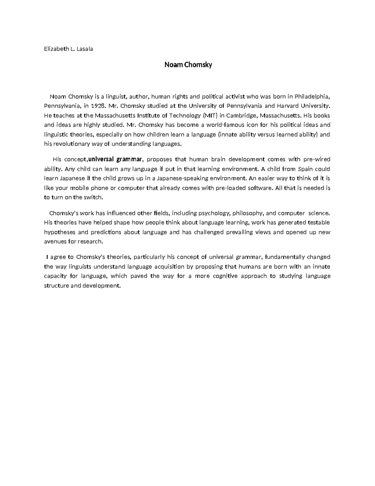 Elizabeth Lasala - Letter example - Elizabeth L. Lasala Noam Chomsky ...