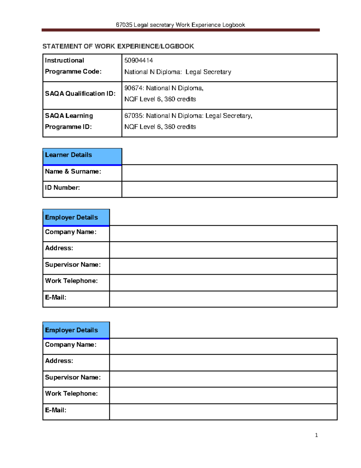 67035 National N Diploma Logbook for Legal Secretary Training - Studocu