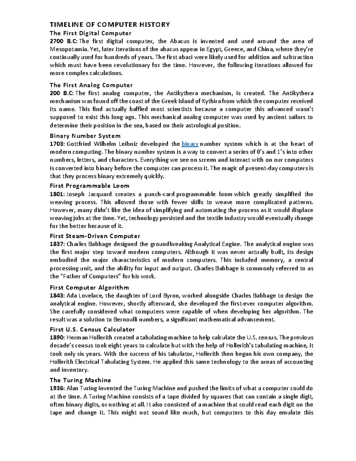 POPC notes - TIMELINE OF COMPUTER HISTORY The First Digital Computer ...