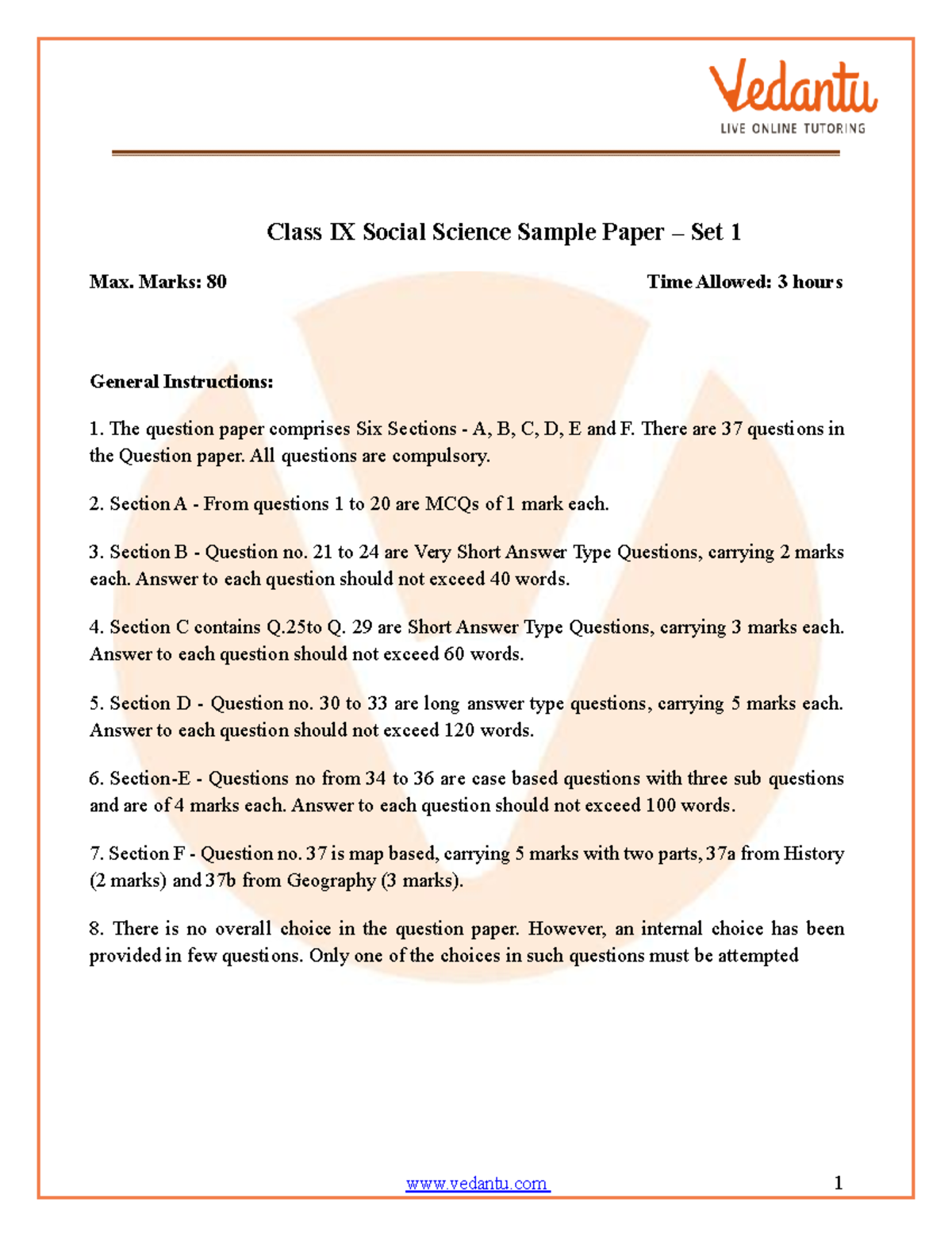 CBSE Class 9 Social Science Sample Paper Set 1 FREE PDF for 2024-25 ...
