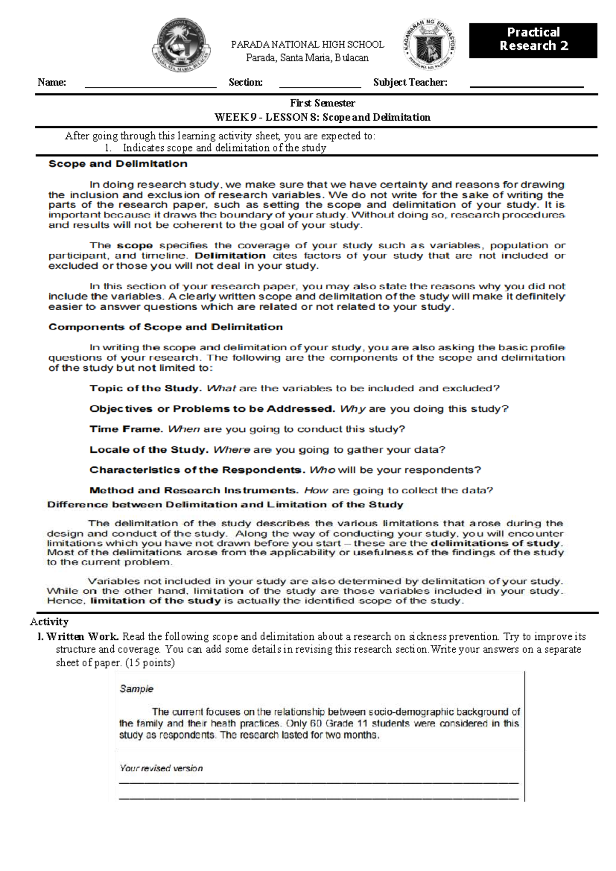 PR2 Week 9 Lesson 8: Scope and Delimitation in Research - Studocu