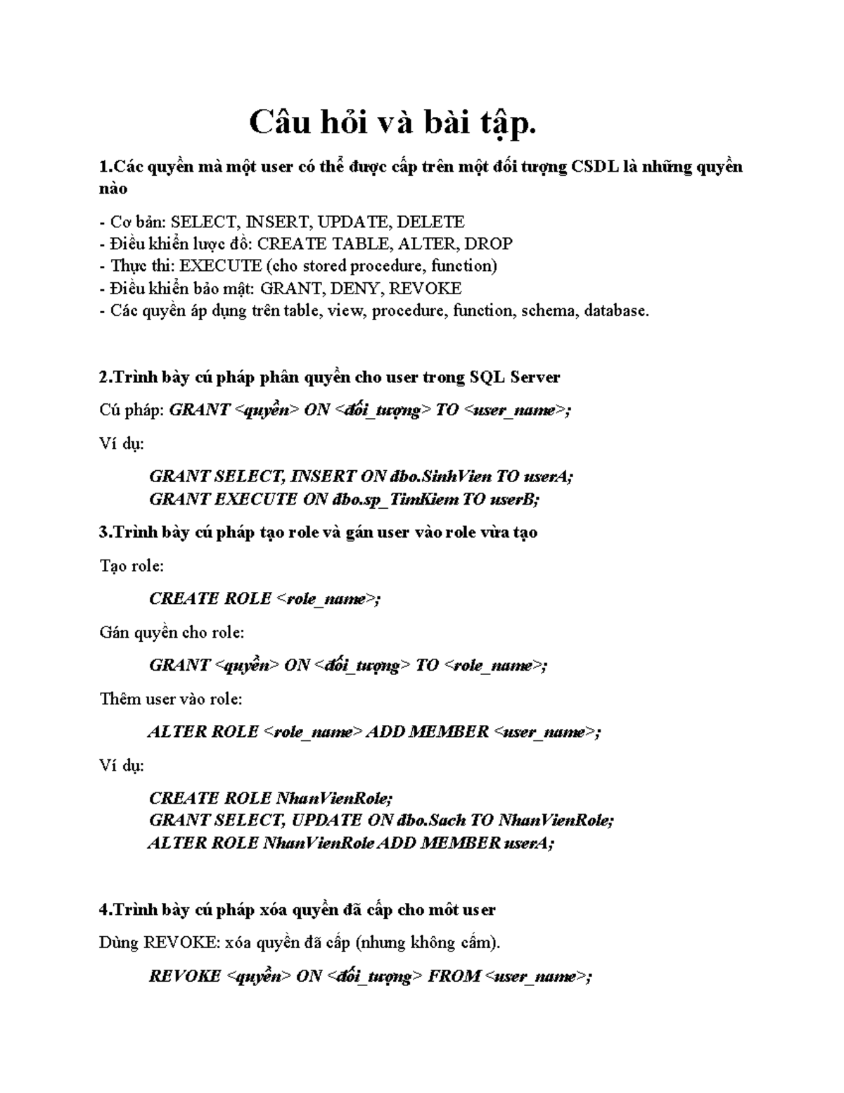 Câu hỏi và bài tập về phân quyền trong SQL Server - BTChuong 5 - Studocu