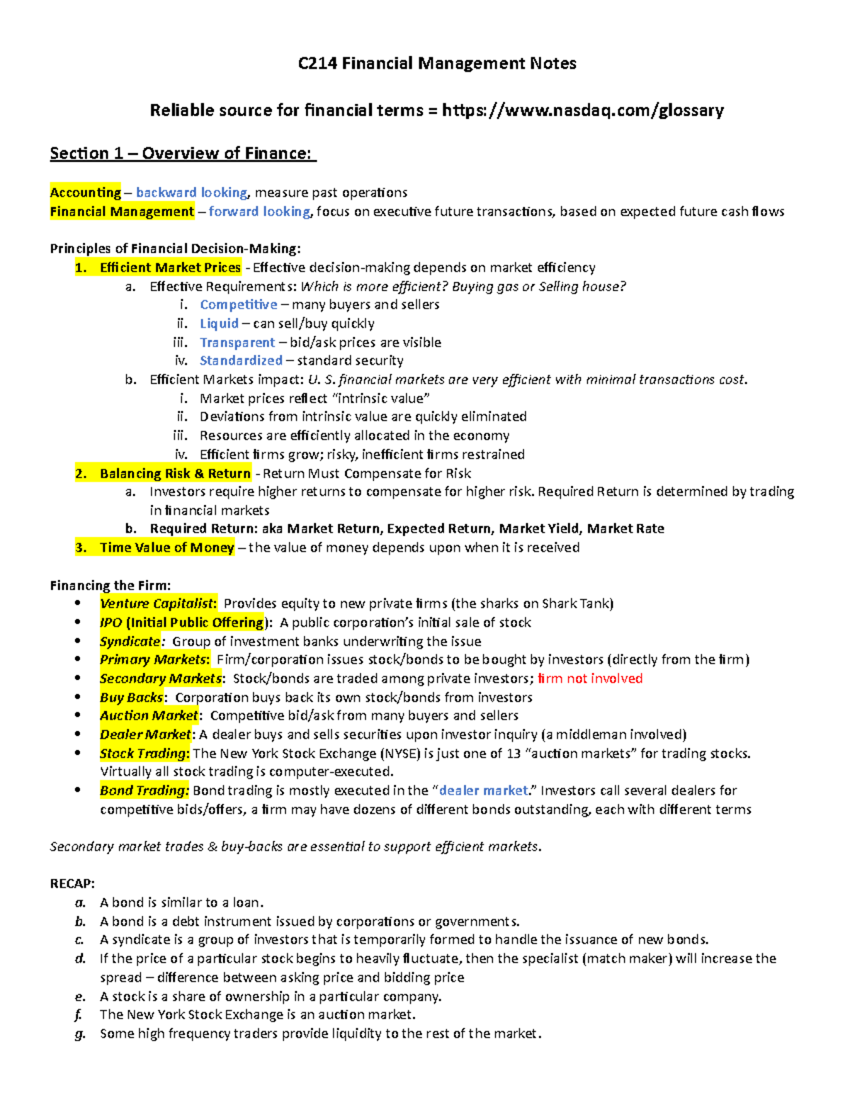 C214 Financial Management Comprehensive Notes & Key Concepts - Studocu