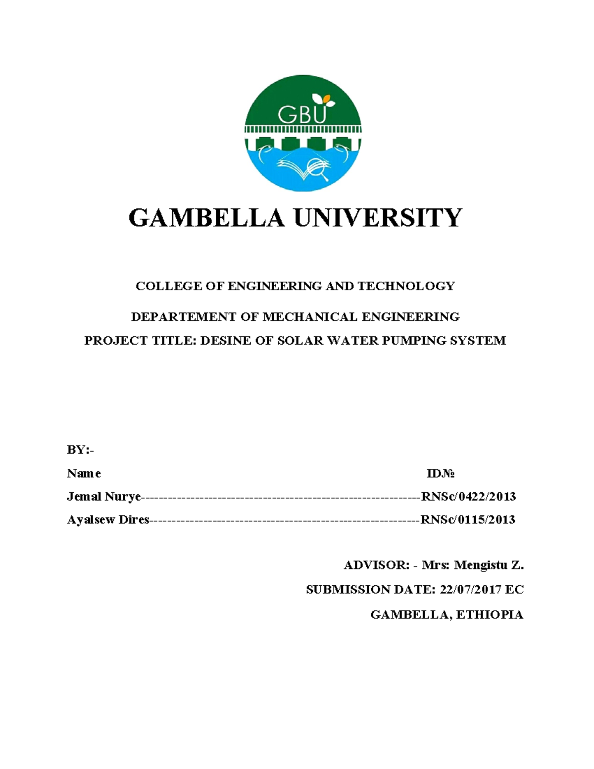 GAMBELLA UNIVERSITY MECHANICAL ENGINEERING FINAL PROJECT: SOLAR WATER ...