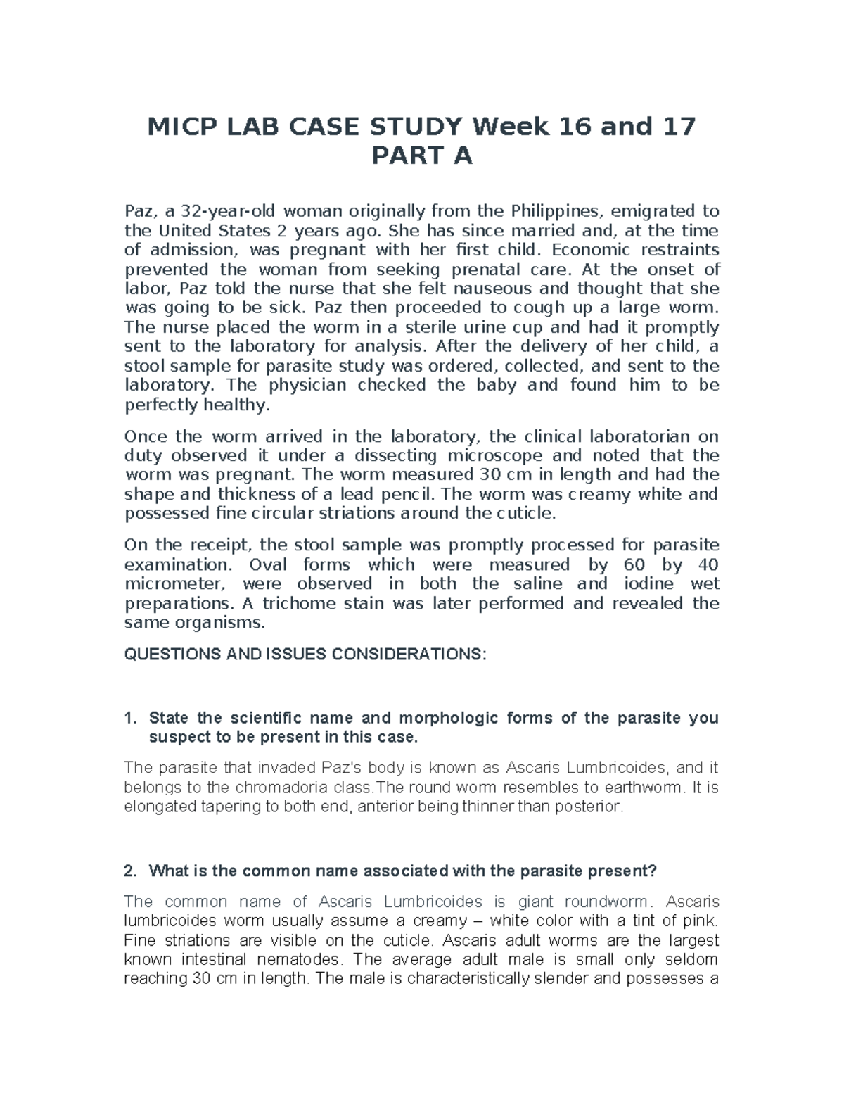 MICP LAB CASE STUDY: Ascaris Lumbricoides Analysis (Weeks 16-17) - Studocu