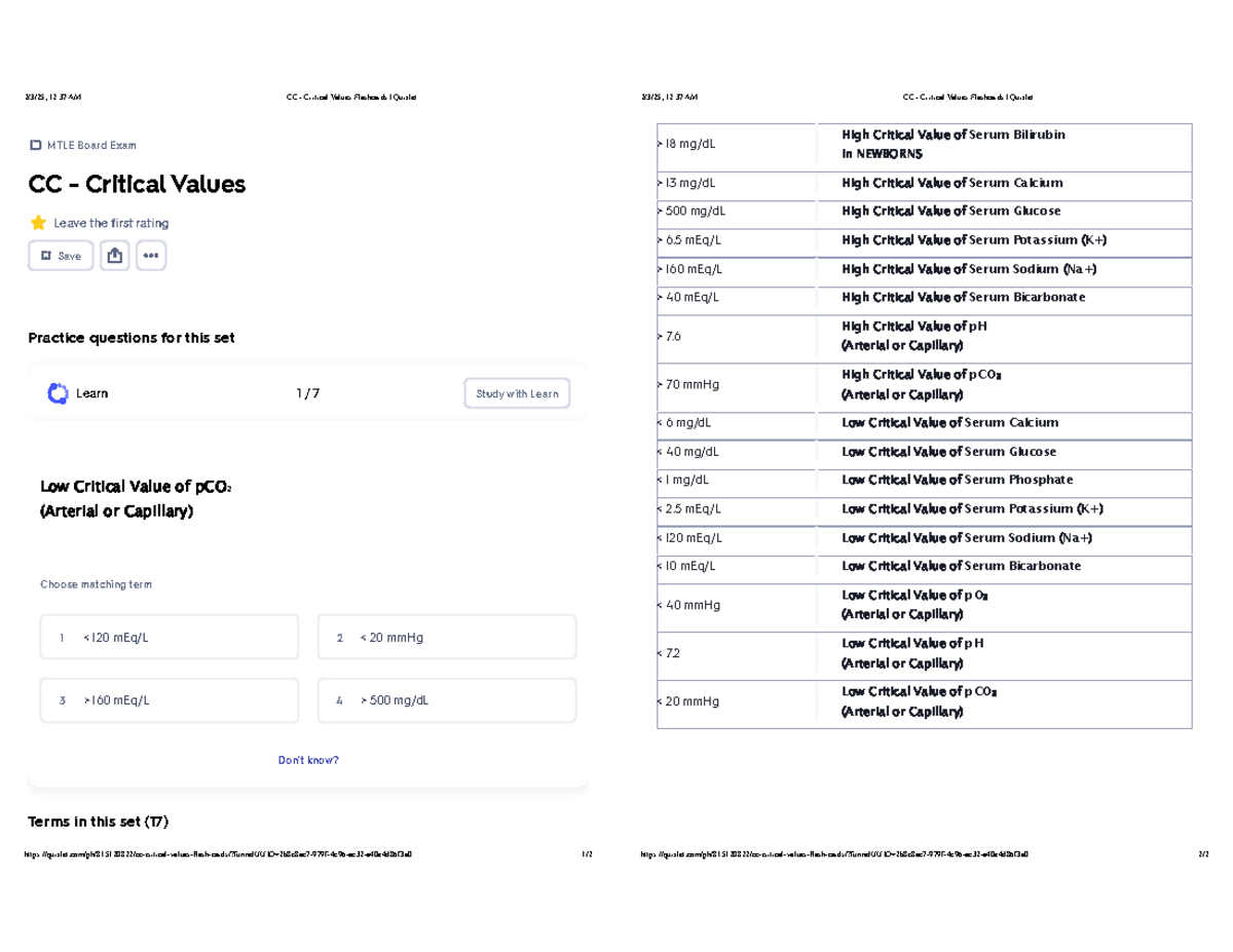 CC - Critical Values - a fm - CC - Critical Values MTLE Board Exam ...