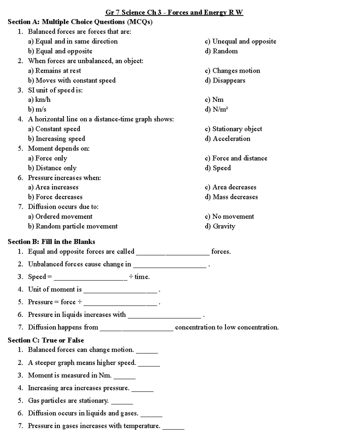Gr 7 Science Ch 3 - Forces and Energy Revision Worksheet - Studocu
