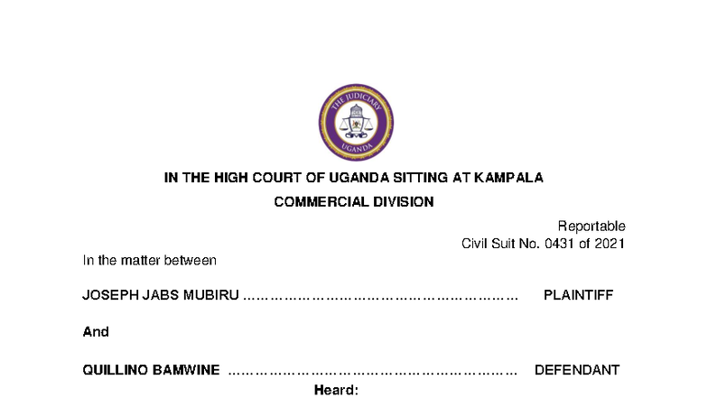 Joseph Jabs Mubiru v Quillino Bamwine: Civil Suit No. 0431/2021 ...