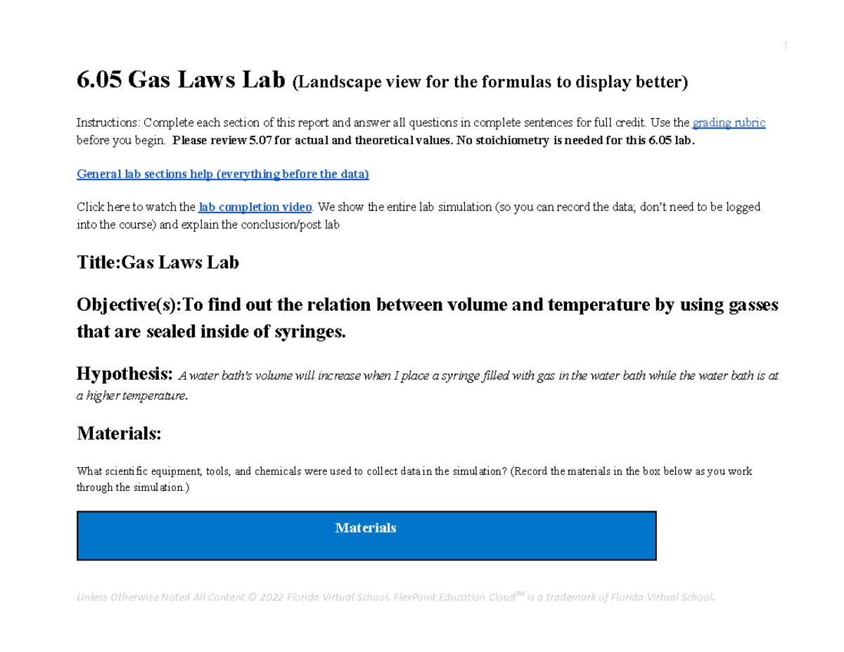 6.05 Gas Laws Lab Report - Exploring Volume & Temperature Relations ...