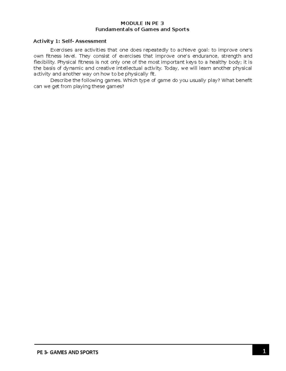 Physical Education 3-Module-1 - MODULE IN PE 3 Fundamentals of Games ...