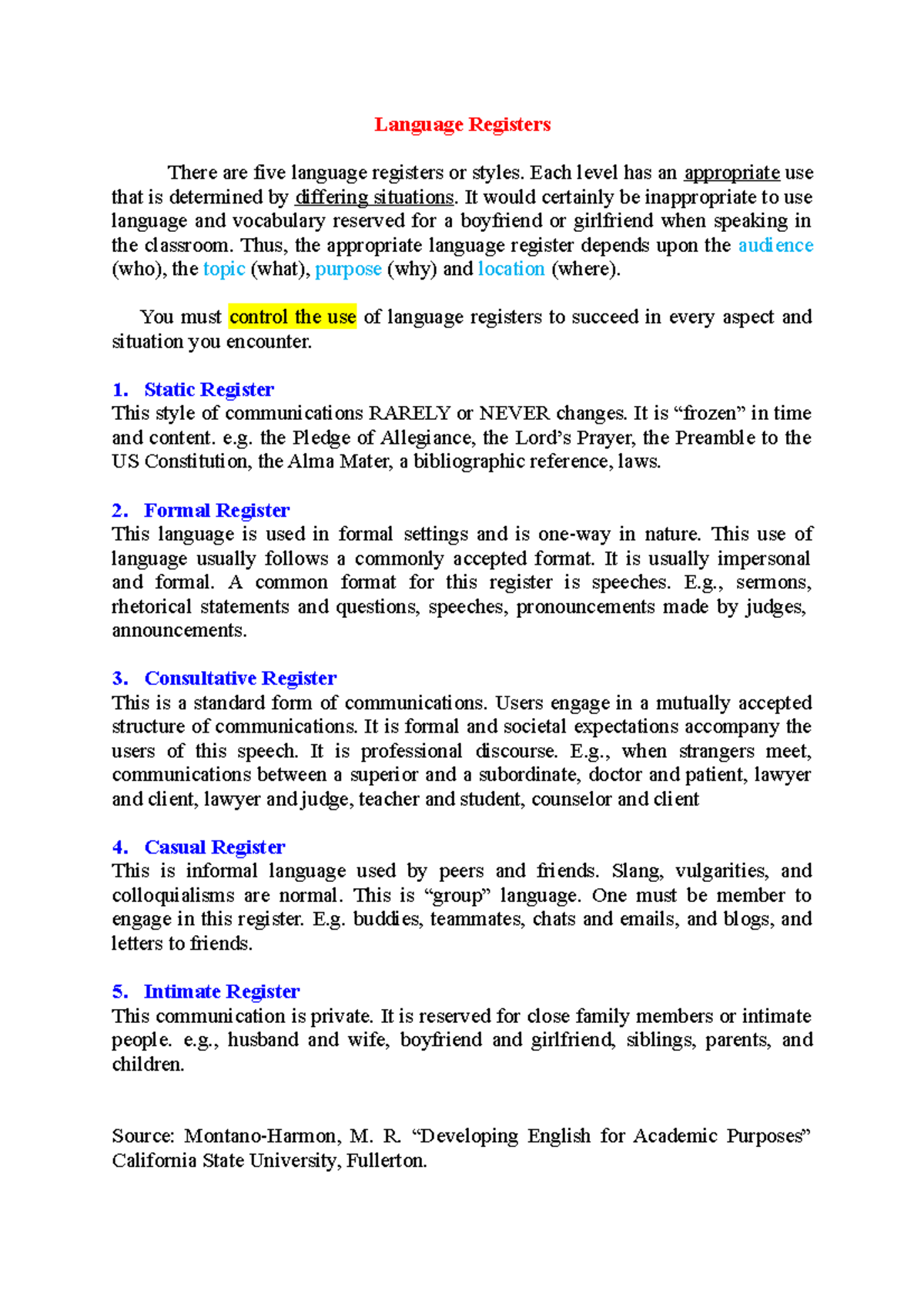 Language Registers - Language Registers There are five language ...