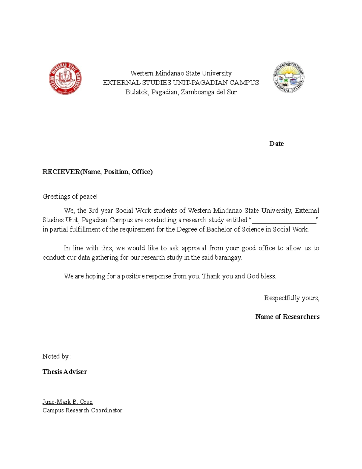 Approval Letter Template for Research Study in Social Work - Studocu
