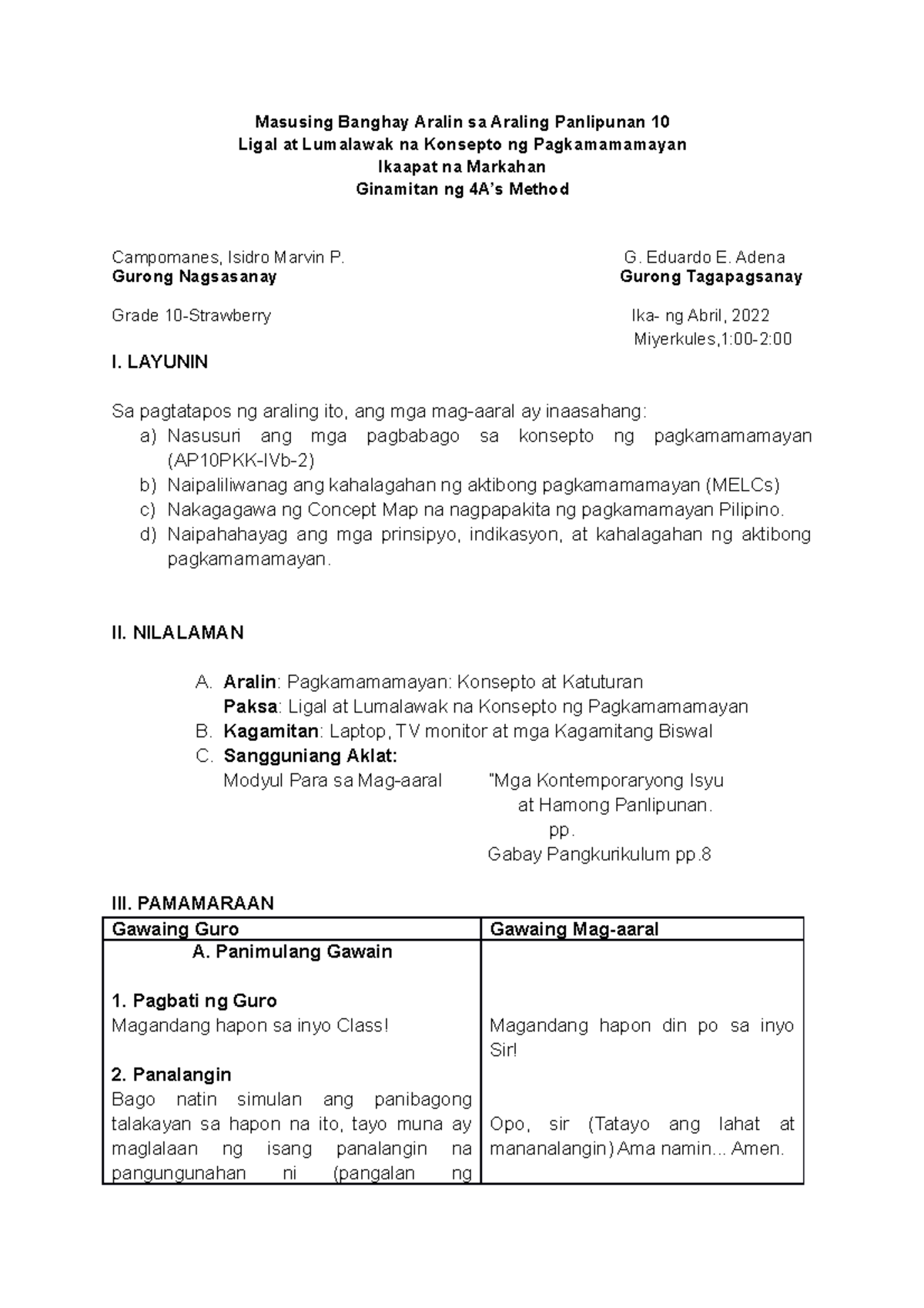 AP10 Lesson Plan: Pagkamamamayan at Aktibong Partisipasyon - Studocu