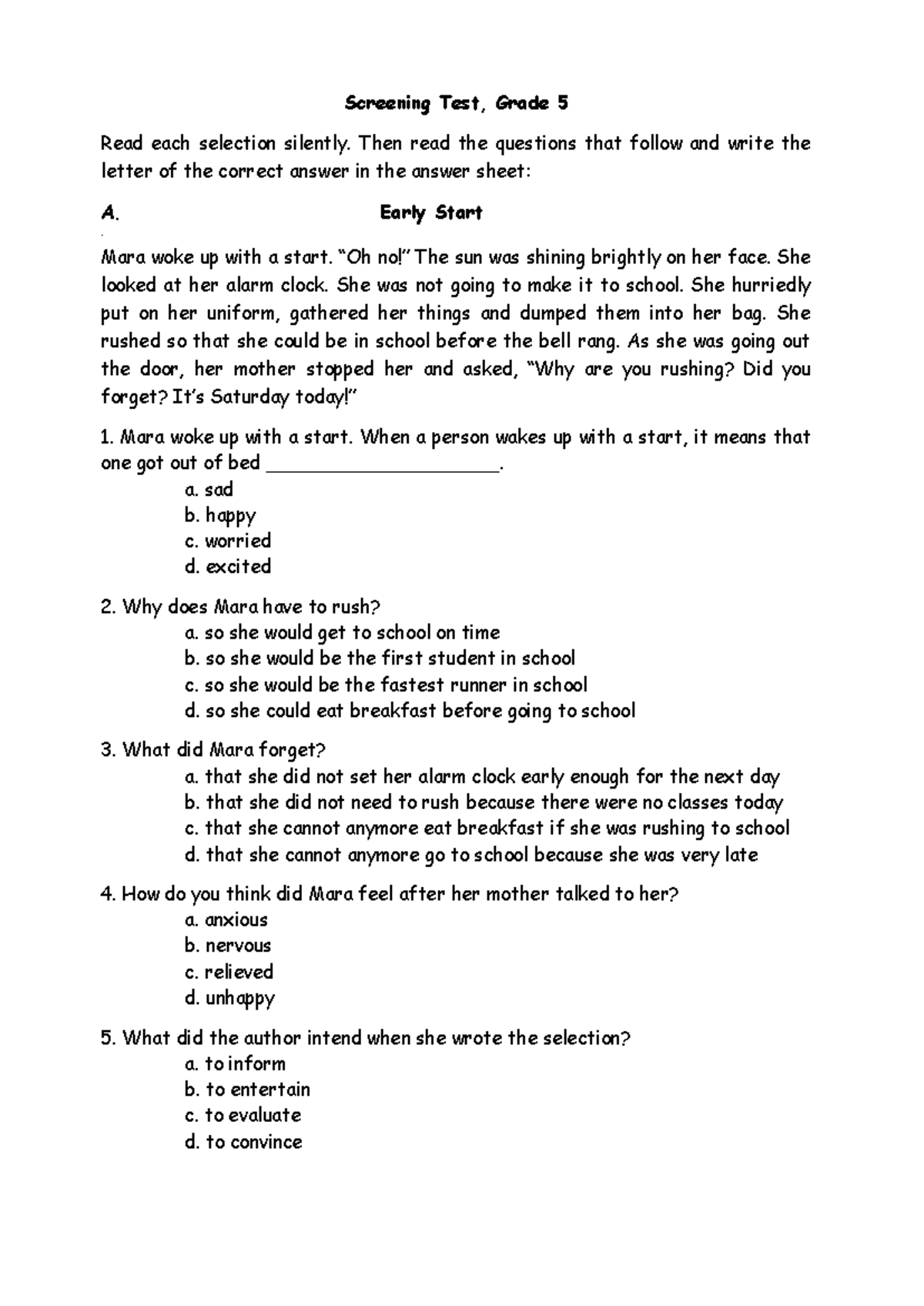 Grade 5 Group Screening Test: Comprehension Questions & Answers - Studocu