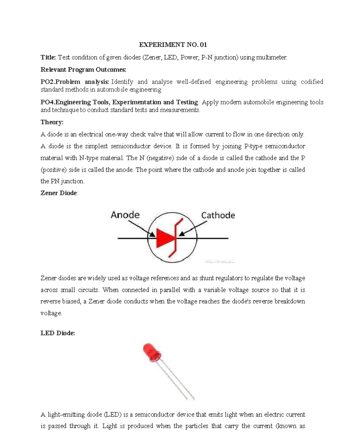 Diode Testing Procedure Using Multimeter for EE 101 Experiment 1 - Studocu