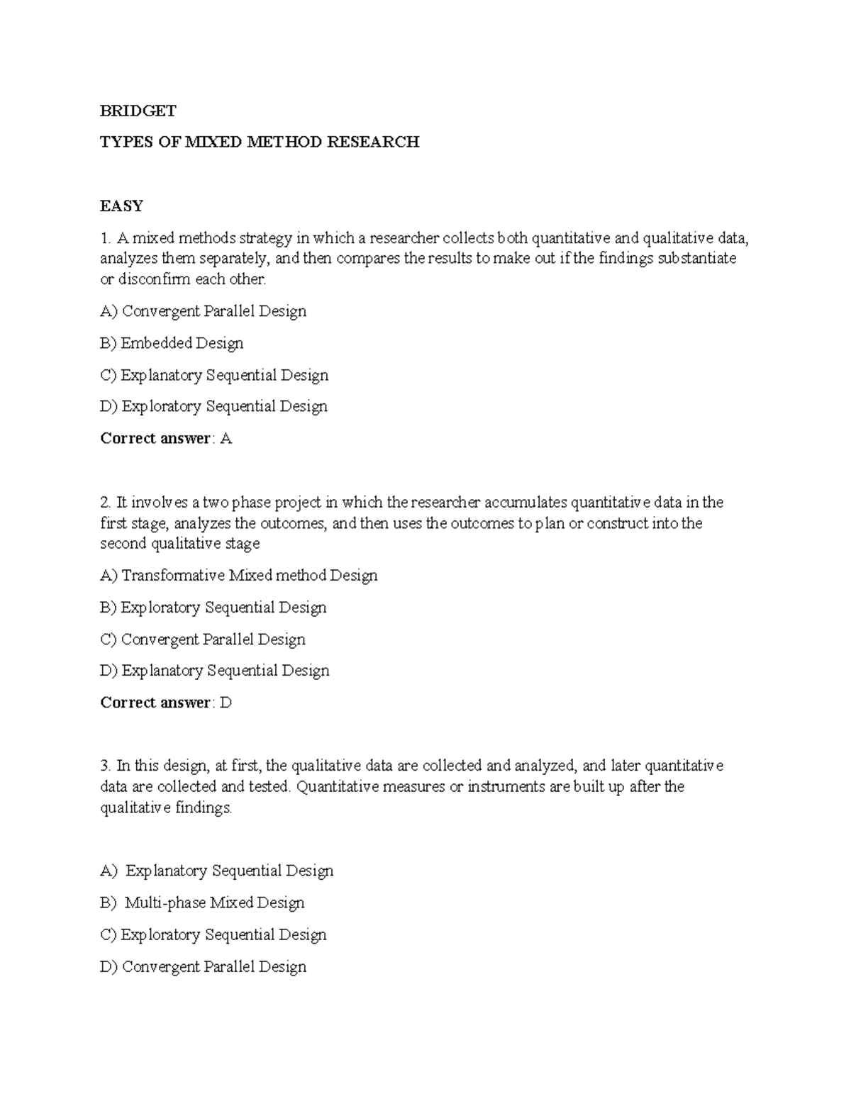 Quiz on Types of Mixed Method Research (BRIDGE) - Studocu