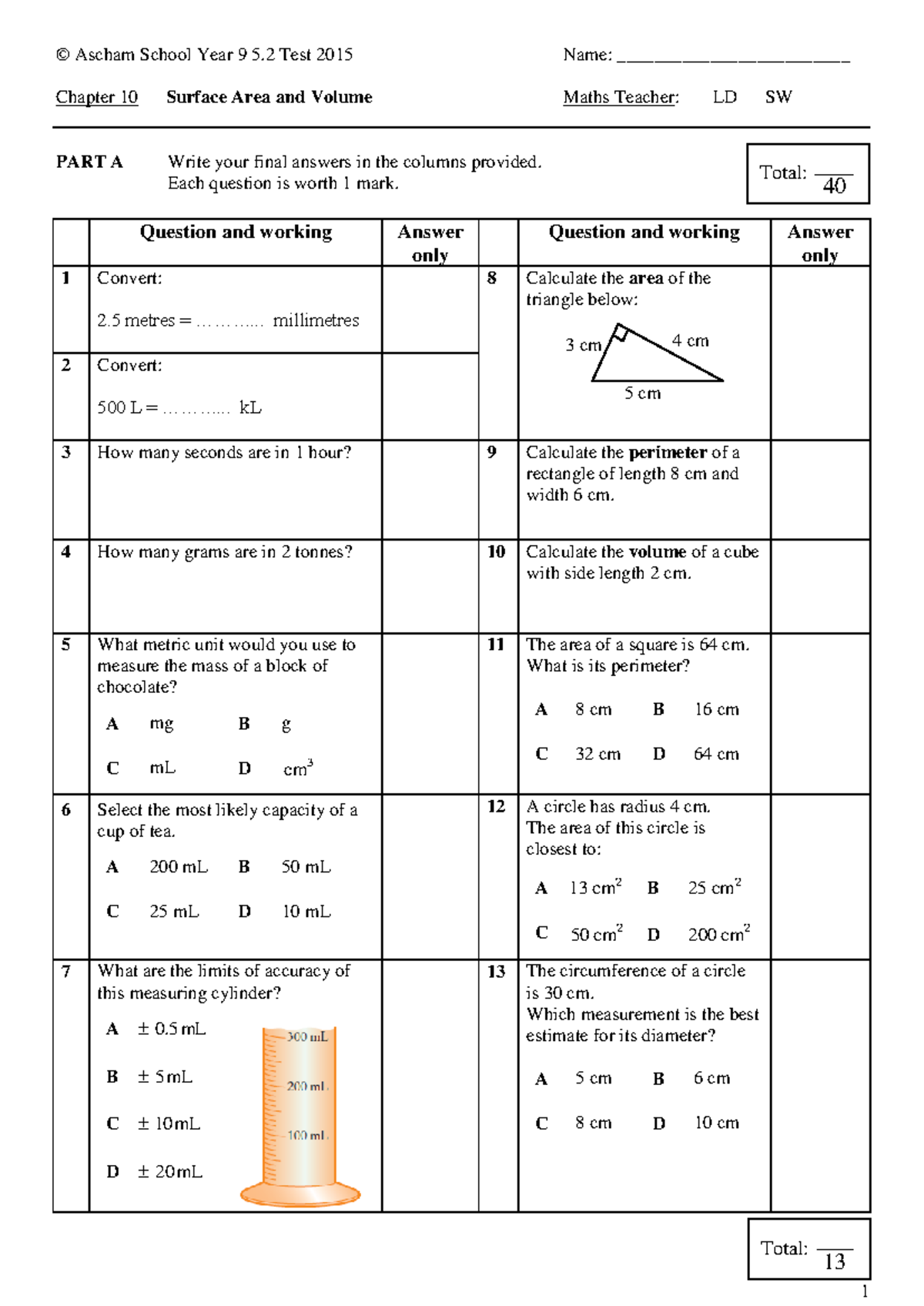 Ch 10 Maths Practice Test: Surface Area & Volume Questions - Studocu