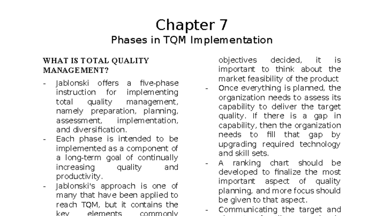 CBM 112 - C3 L7: Phases of TQM Implementation in Operations Management - Studocu