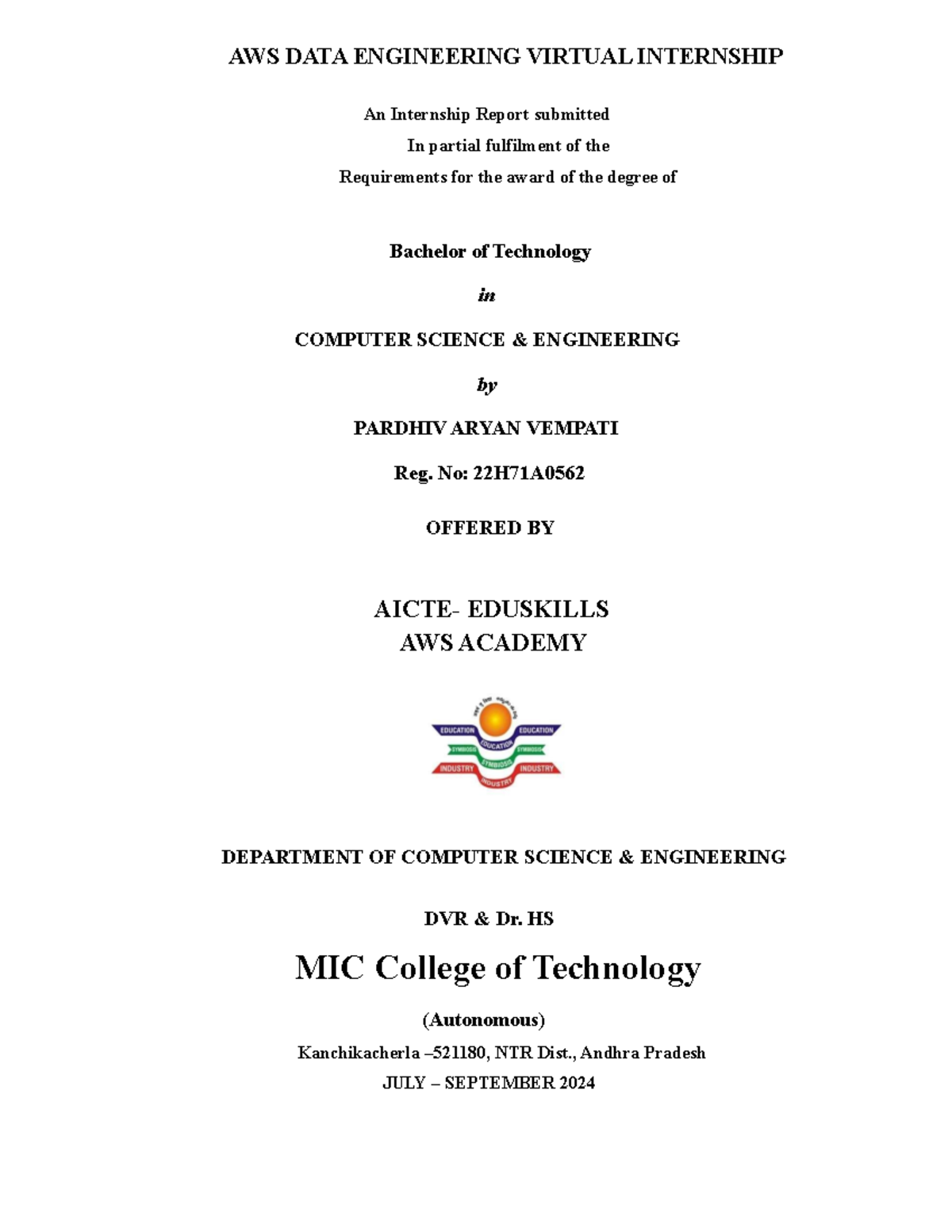 AWS DATA ENGINEERING VIRTUAL INTERNSHIP REPORT - B.Tech CSE - Studocu