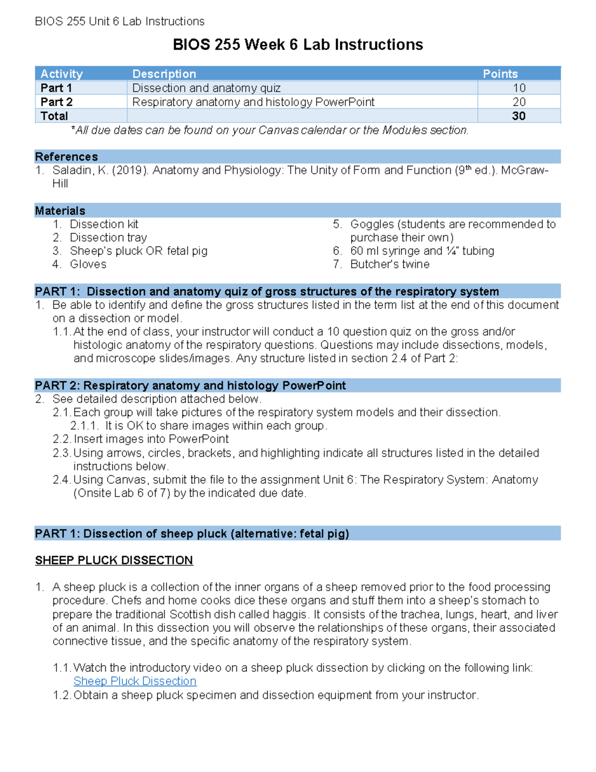 BIOS 255 Week 6 Lab: Dissection & Anatomy of the Respiratory System - Studocu