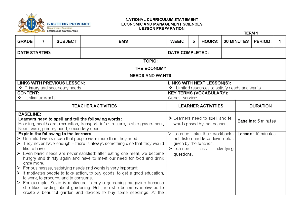 EMS TERM 3 Planning - Grade 7 Entrepreneurship Curriculum Guide - Studocu