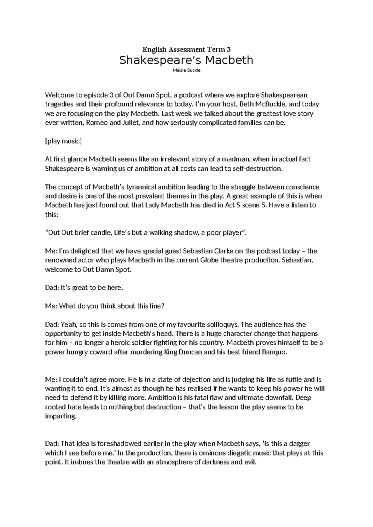 English Assessment Term 3: Macbeth Podcast Analysis - Studocu