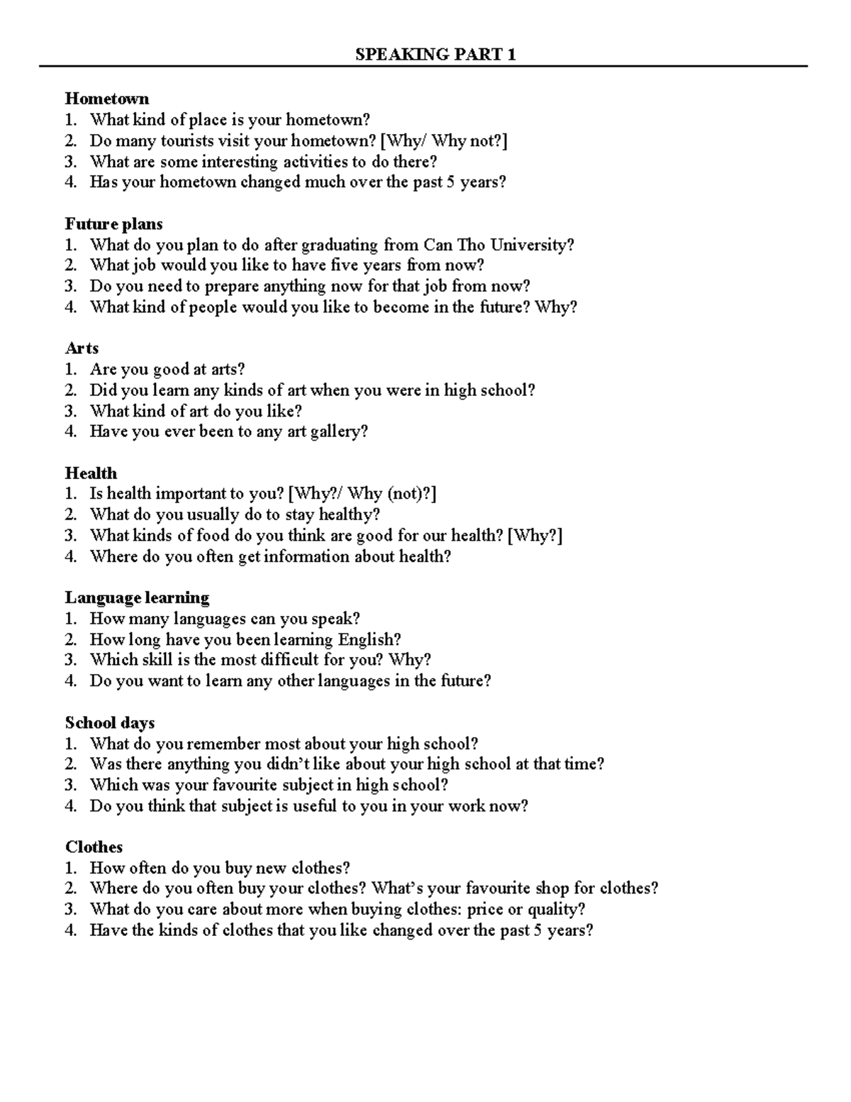 SPEAKING PART 1: Social Interaction Topics and Questions - Studocu
