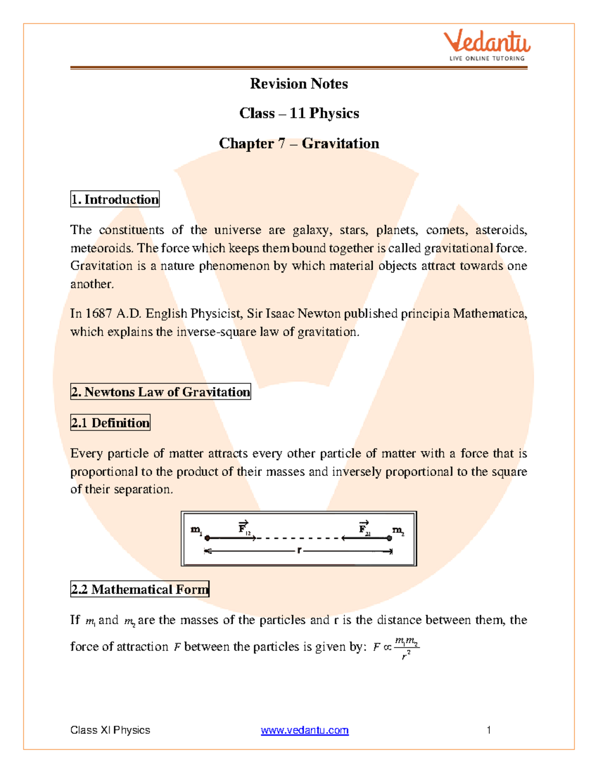 Gravitation Class 11 Physics Notes - Chapter 7 Overview - Studocu