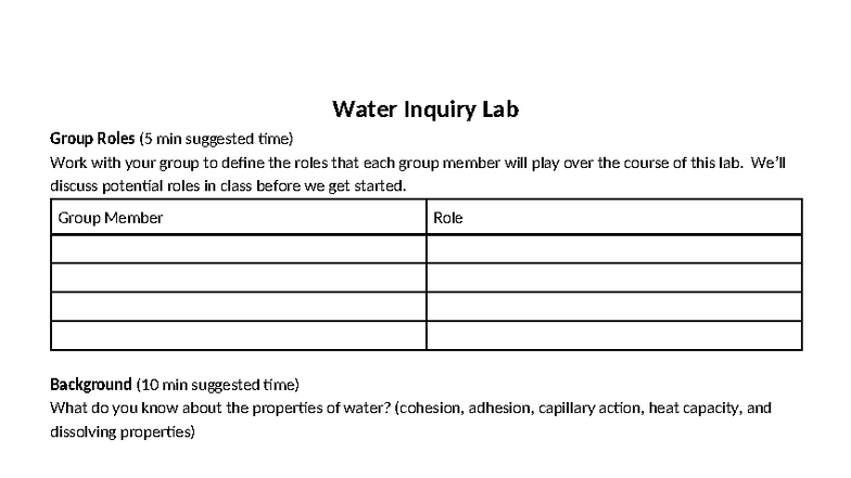 Water Inquiry Lab Sheet Student - Water Inquiry Lab Group Roles (5 min ...