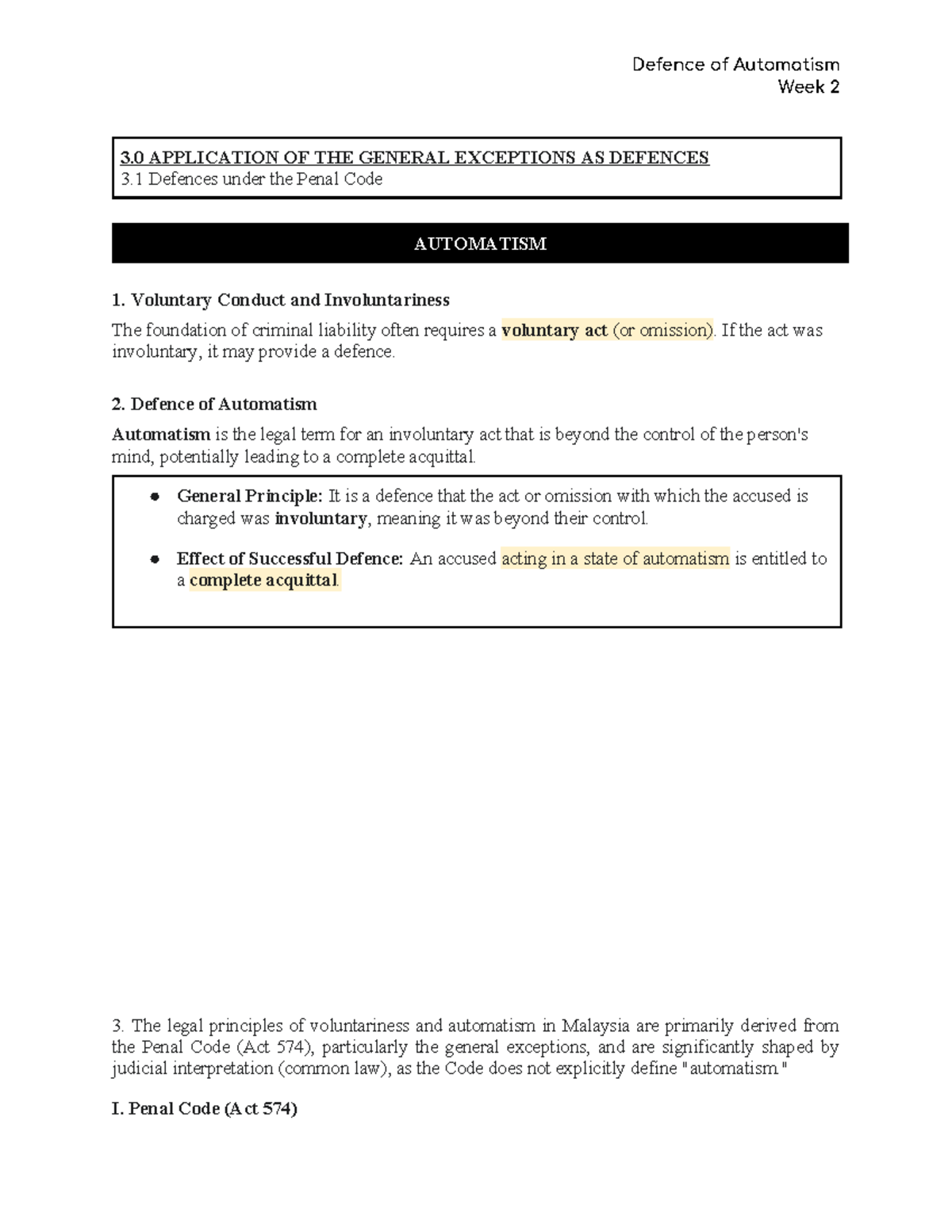 Defence of Automatism (Week 2) - Key Principles and Case Studies - Studocu