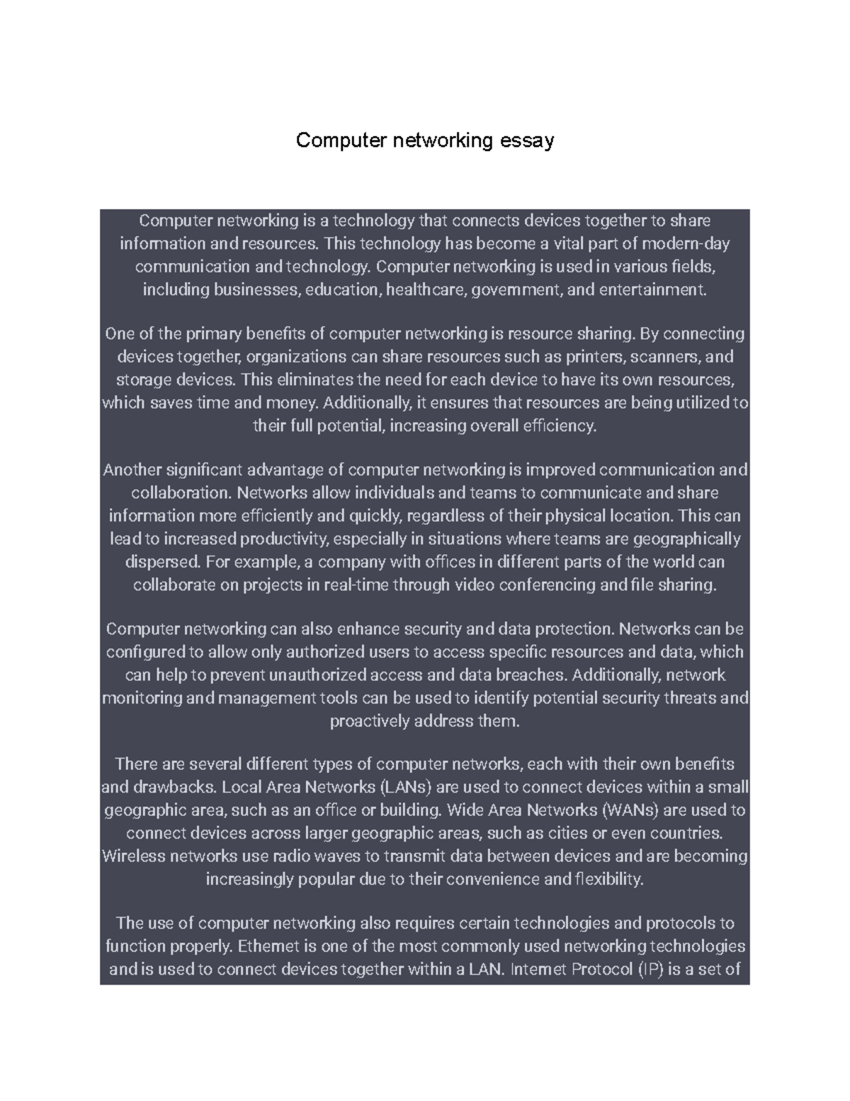 Computer networking essay - Computer networking essay Computer networking is a technology that ...