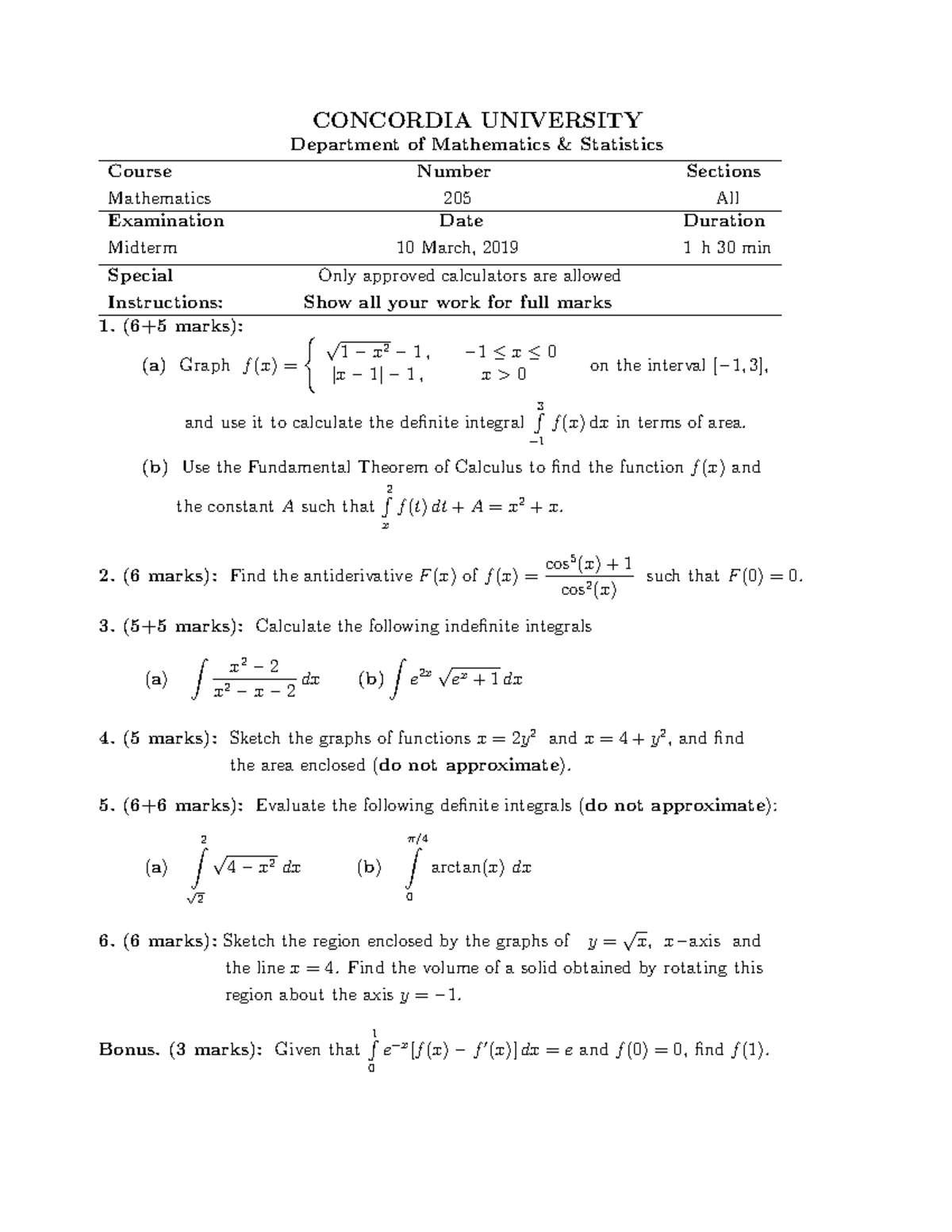 Math 205 Midterm Exam Instructions & Problem Set - Winter 2019 - Studocu