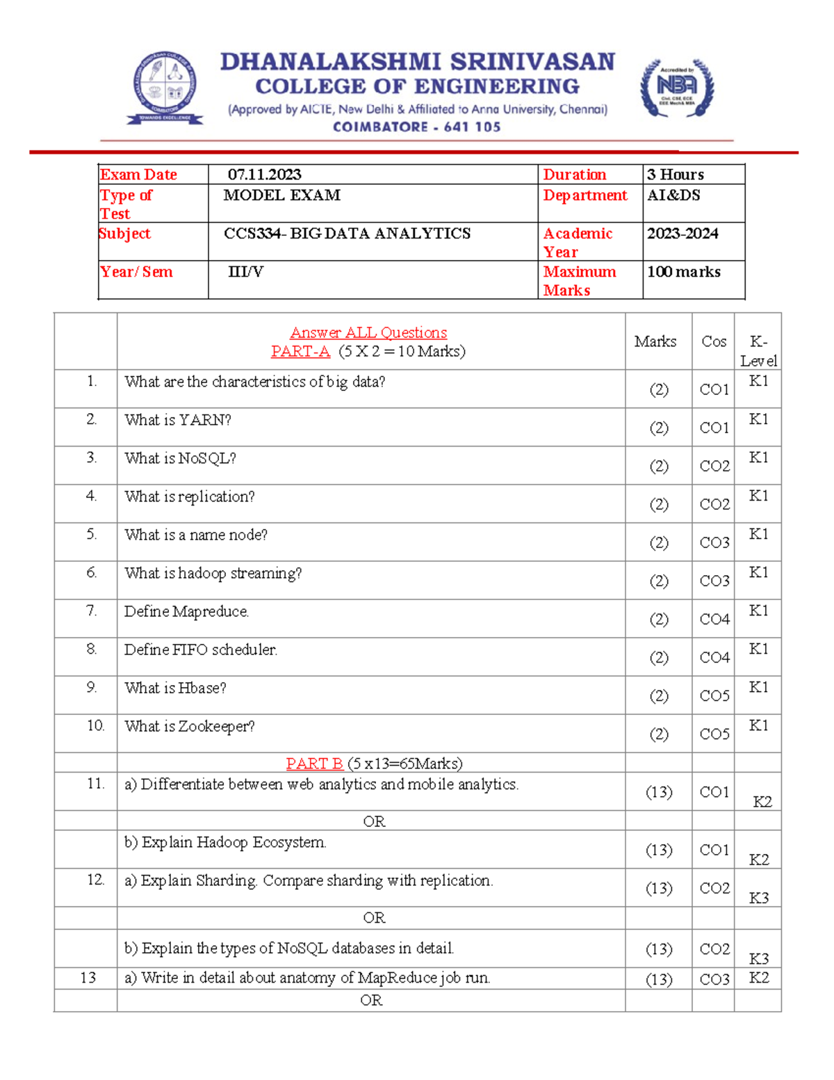 Model Exam BDA 2023: Big Data Analytics Questions & Answers - Studocu