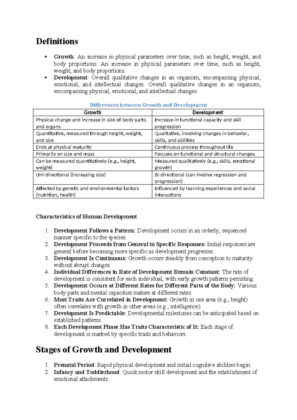 Human Growth and Development Notes - Key Concepts and Stages - Studocu