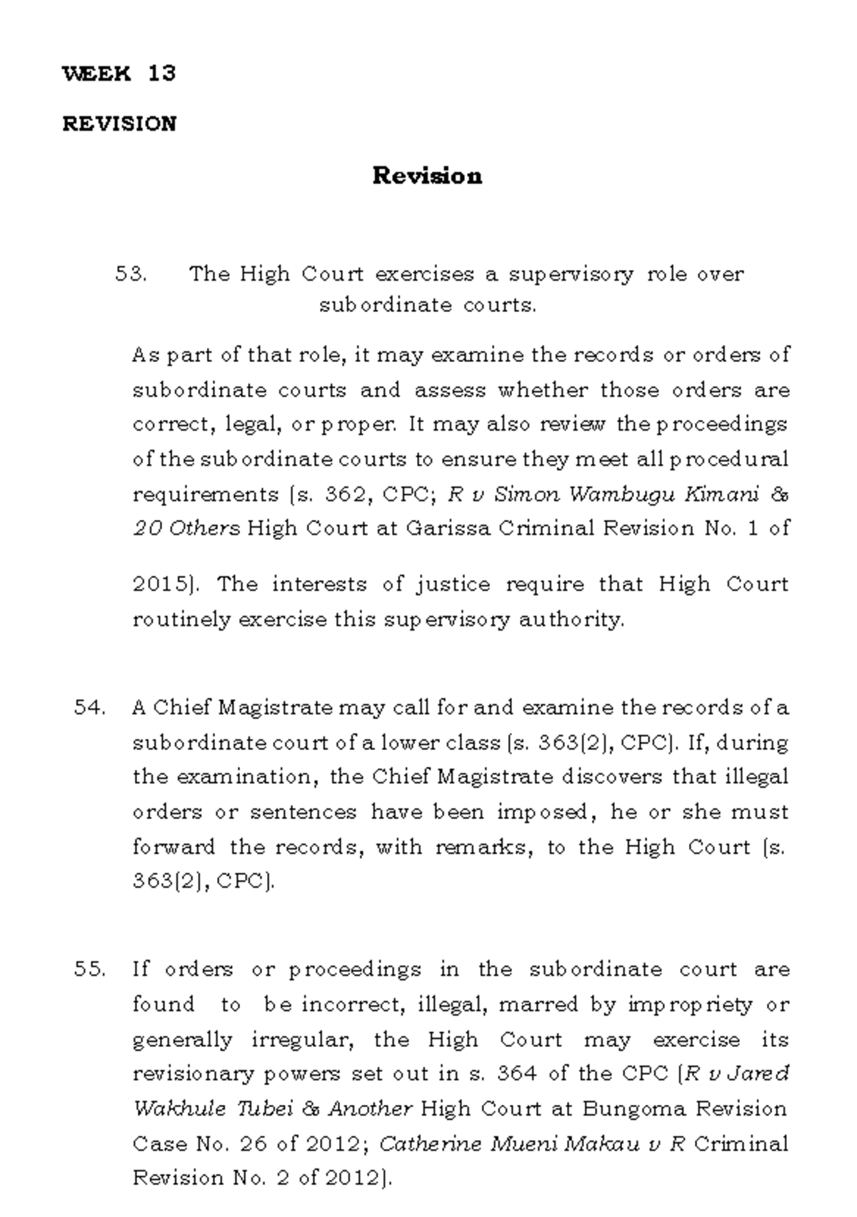 WEEK 13 REVISION: Supervisory Role of High Court Over Subordinate ...