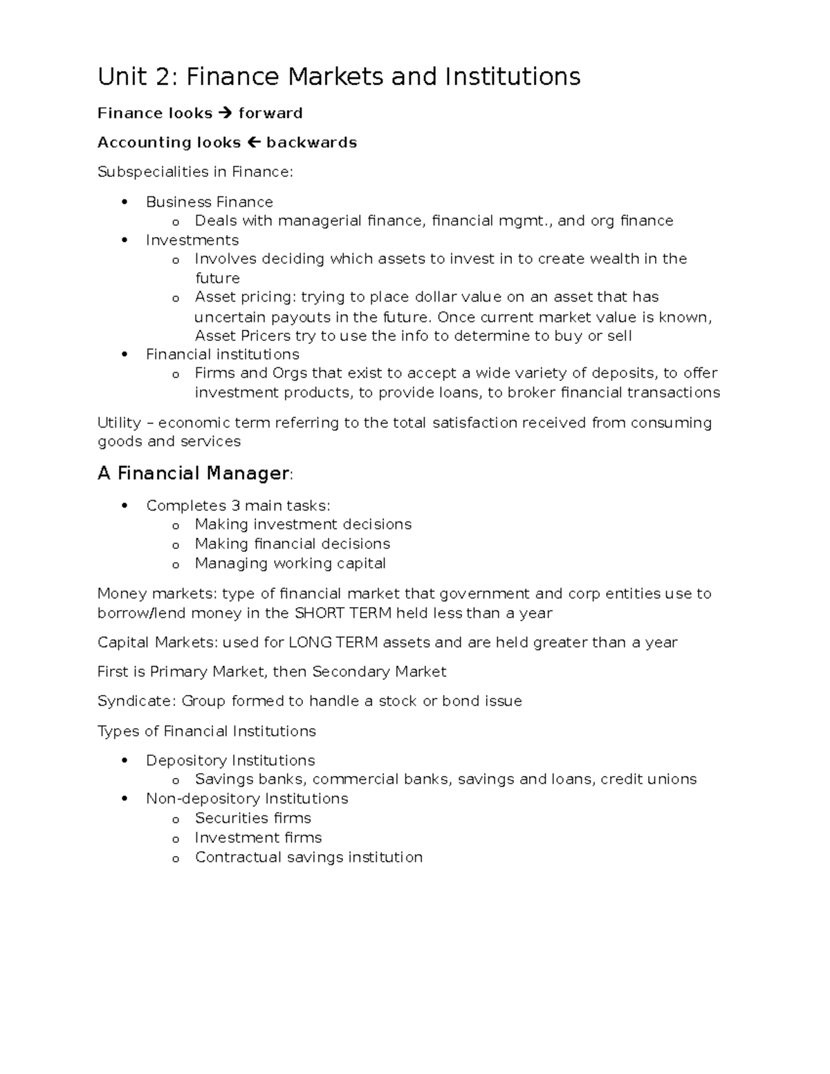 D076 Notes Finance Skills for Managers - Unit 2: Finance Markets and ...