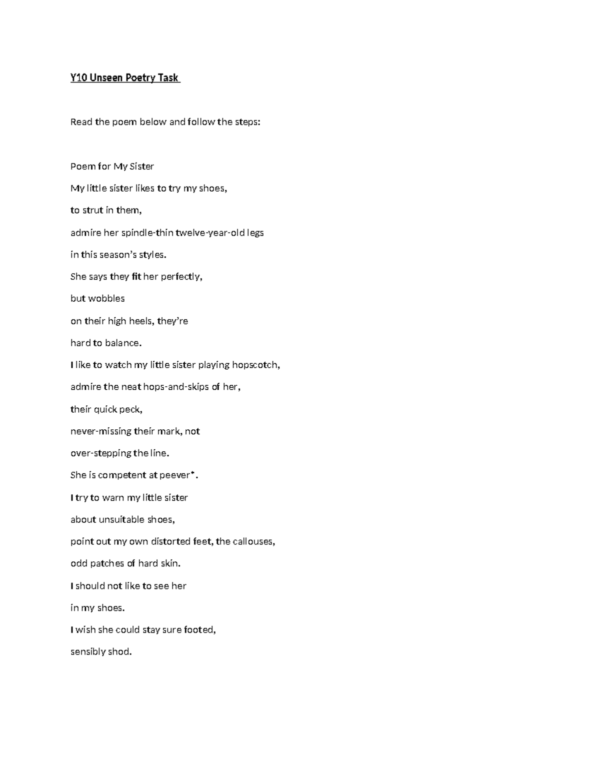 Y10 Unseen Poetry Task: Analysis of "Poem for My Sister" - Studocu